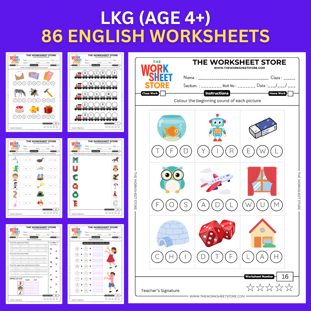 English Worksheets for LKG (Age 4+) | 86 Pages – The Worksheet Store