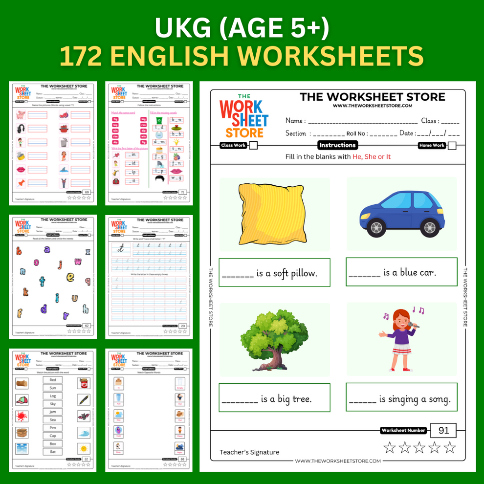 English Worksheets for UKG (Age 5+) | 172 Pages – The Worksheet Store