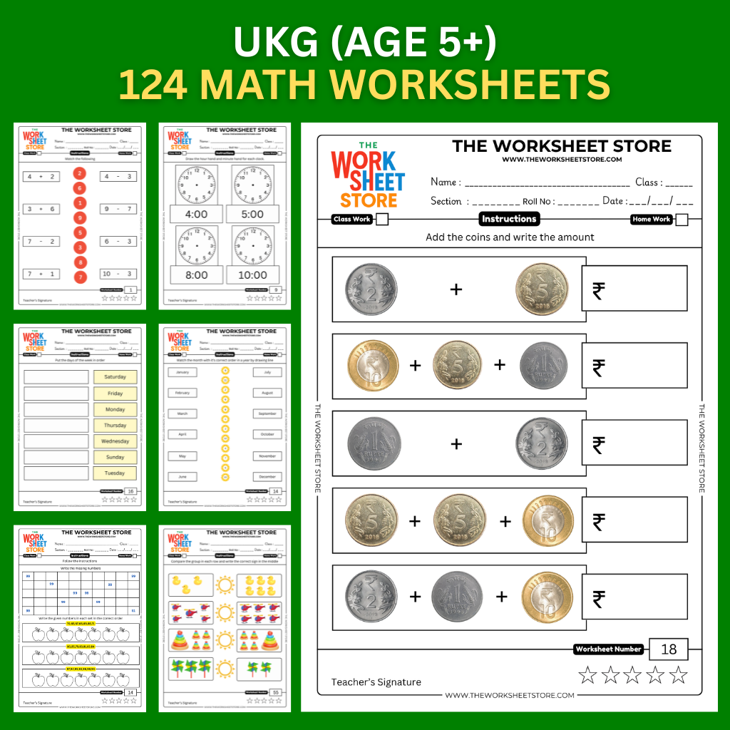 Math Worksheets for UKG (Age 5+) | 124 Pages – The Worksheet Store