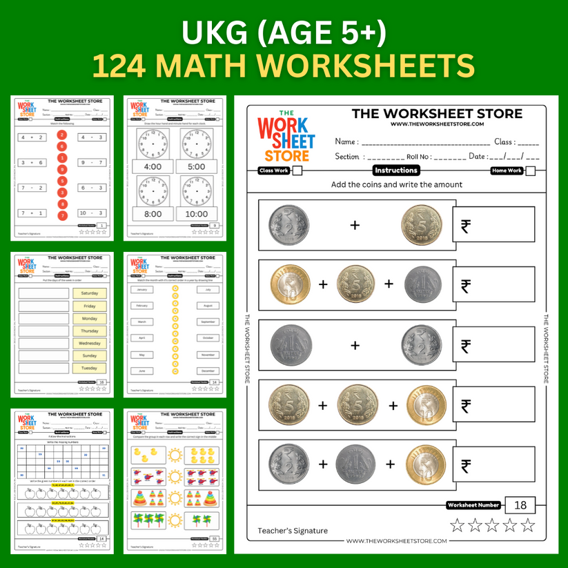 Math Worksheets for UKG (Age 5+) | 124 Pages – The Worksheet Store